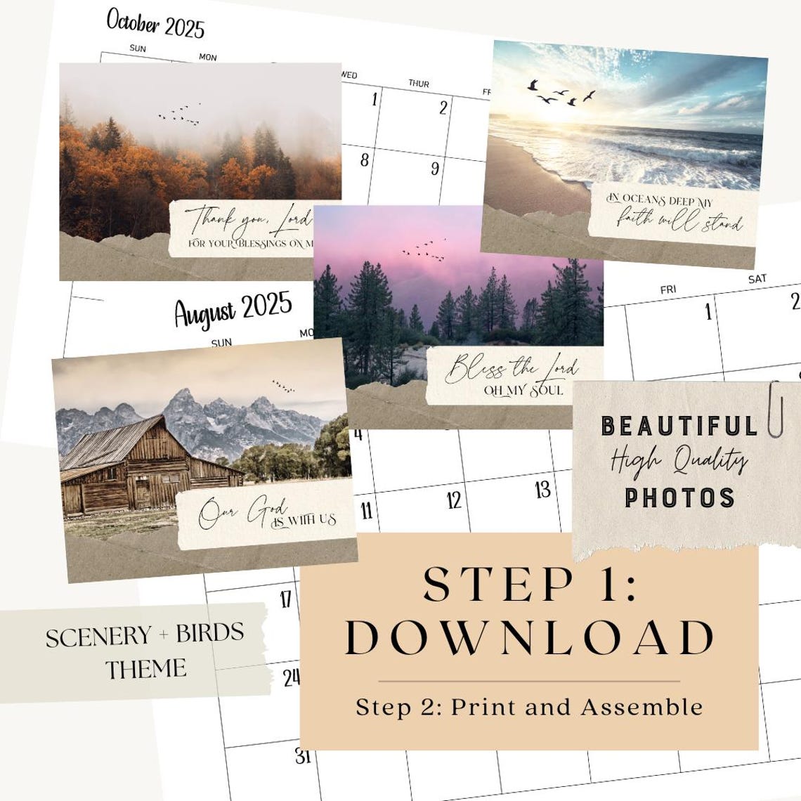 2025 PRINTABLE Calendar PDF File 12 Month Calendar Scenery & Birds ...