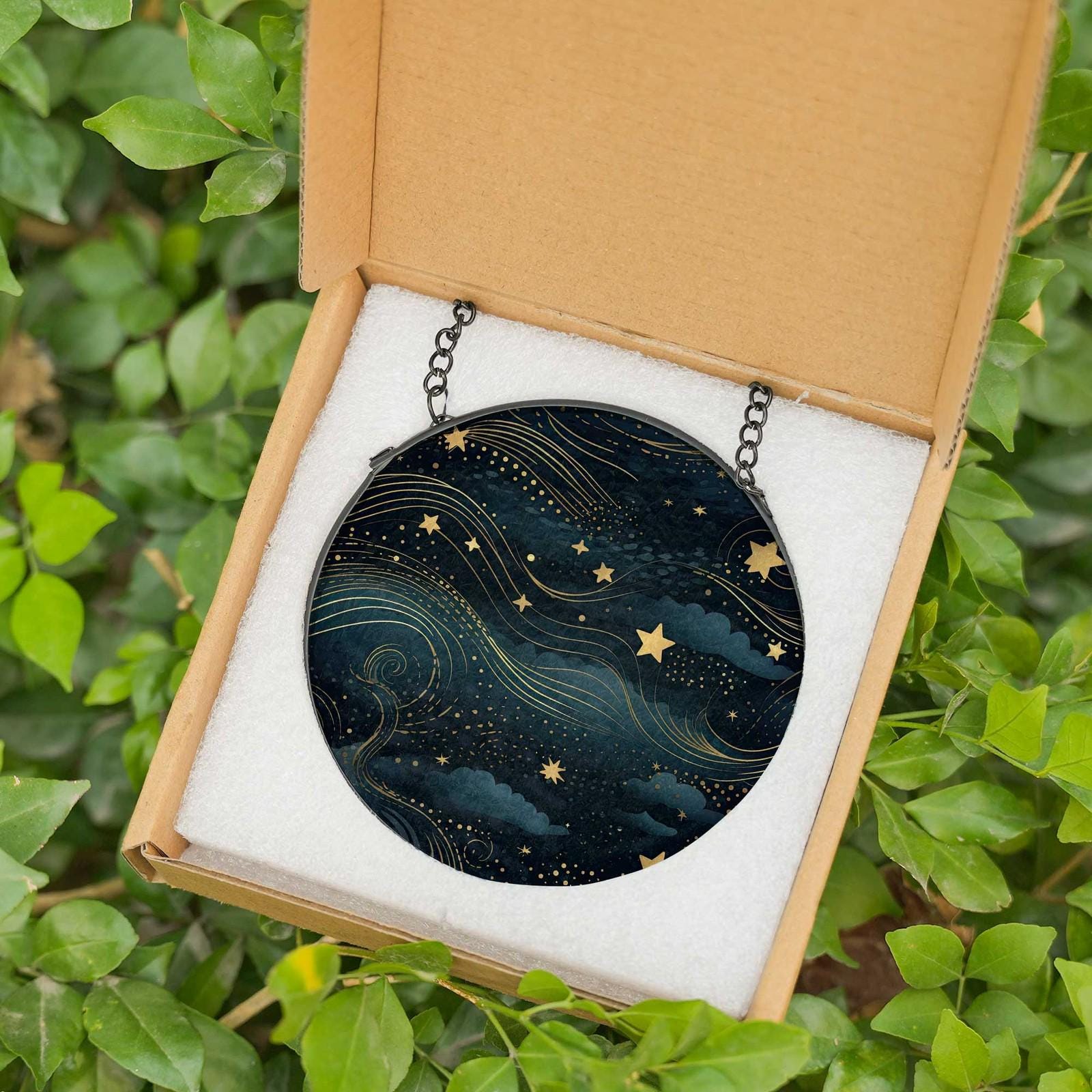 Starry Night Sky Stained Glass Suncatcher Window Decor Galaxy Art Panel ...