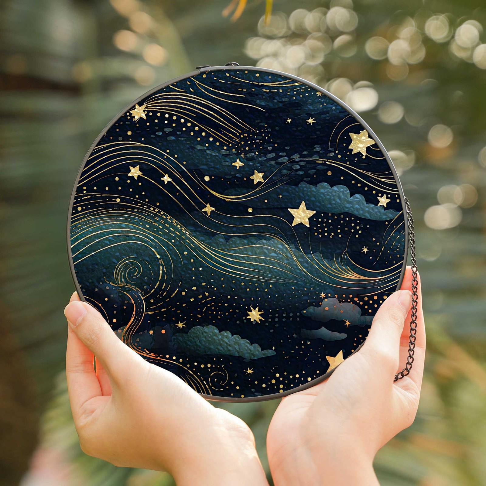 Starry Night Sky Stained Glass Suncatcher Window Decor Galaxy Art Panel ...
