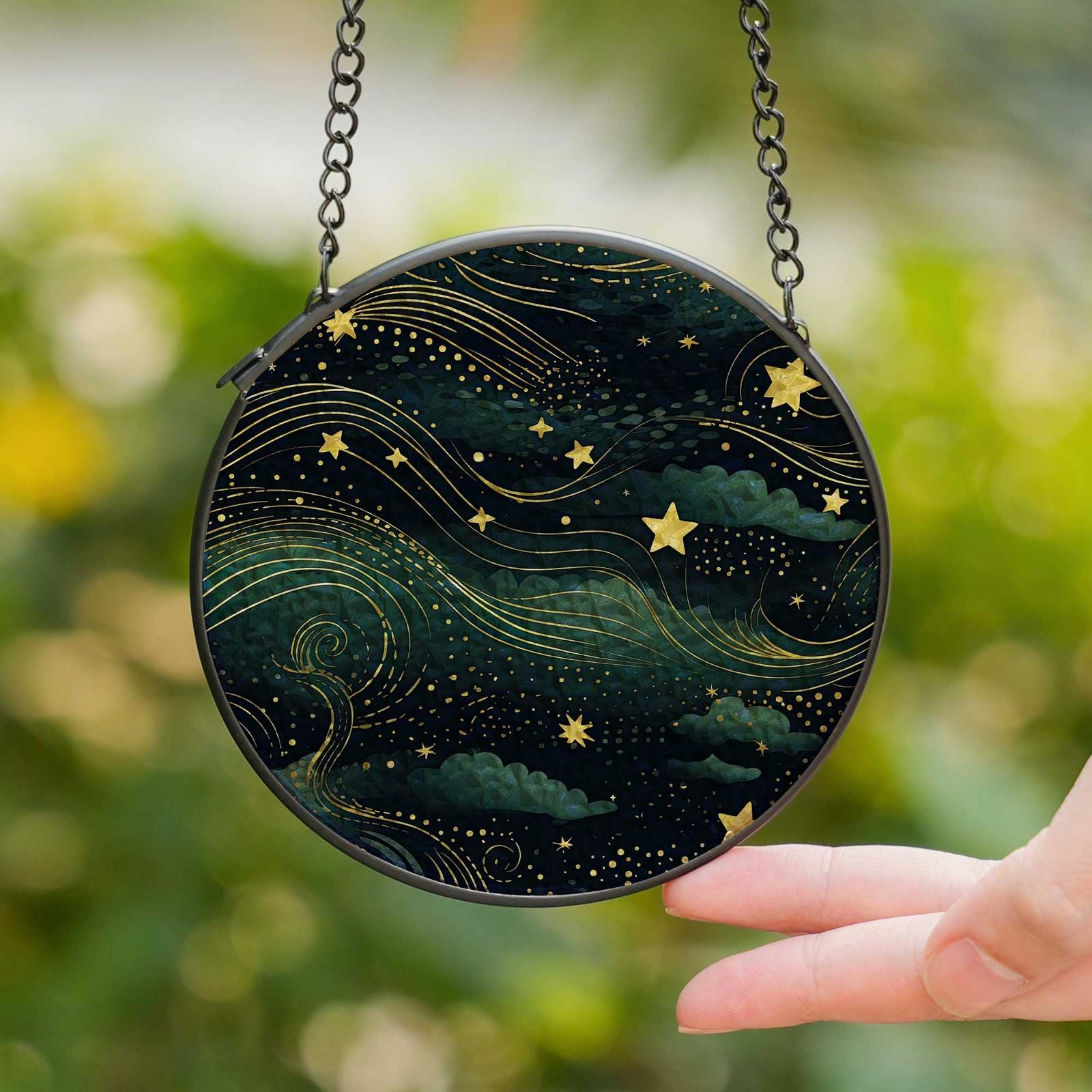 Starry Night Sky Stained Glass Suncatcher Window Decor Galaxy Art Panel ...