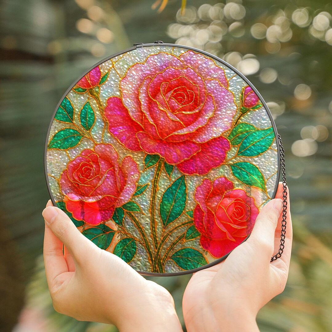 Red Rose Stained Glass Suncatcher Round Window Decor Floral Flower Art ...