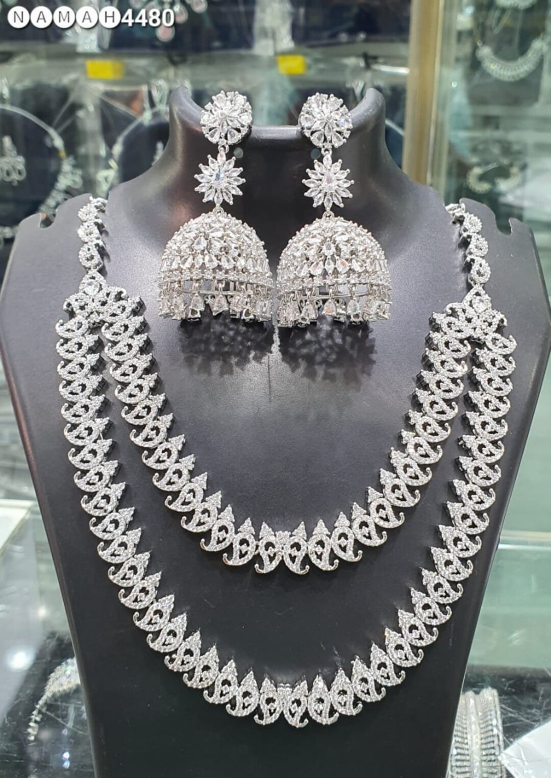 Silver Plated American DIAMOND, Long Double Layer Haram NECKLACE Set ...