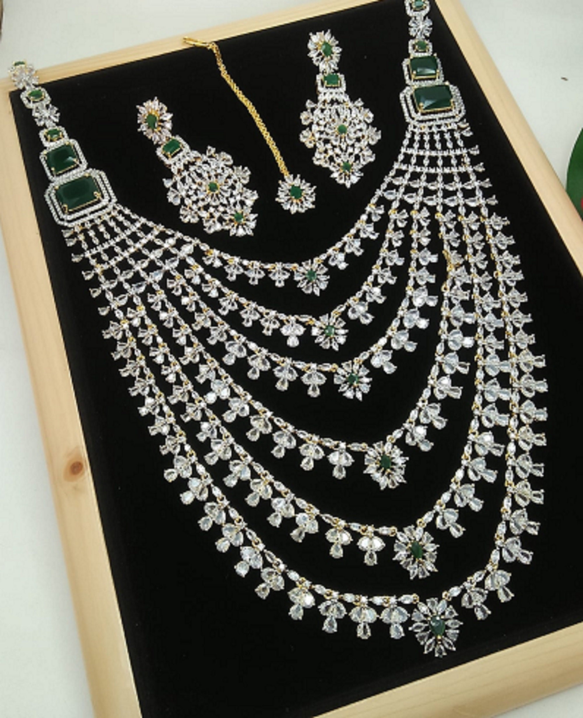 ElectrifyingJewelery American Diamond CZ Stone Long Haram 5 Line Long Necklace Set with Earring Maangtika Bridal Bold Wedding Wear Indian Jwellery Set for Wome