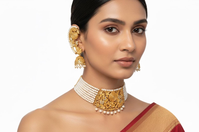 22 Kt Gold Pated Pearl Choker NECKLACE With Broad Ear Cuff Jhumka ...