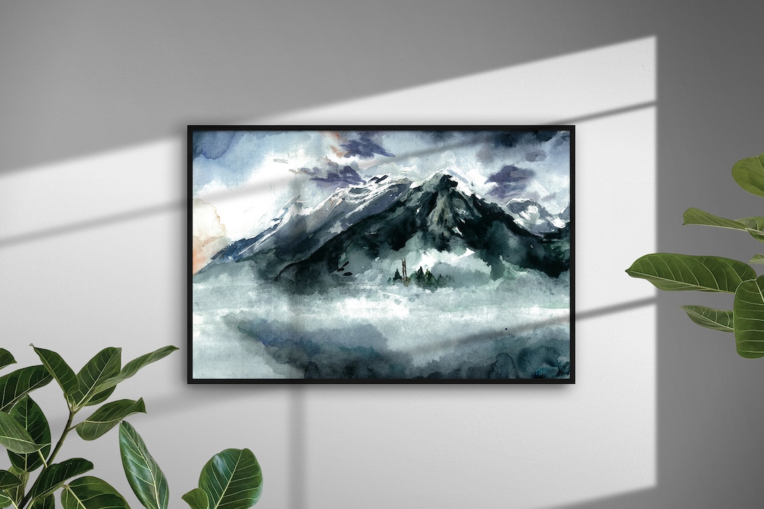 Foggy Watercolor Painting, Mountain Wall Art, Nature Fog Landscape ...