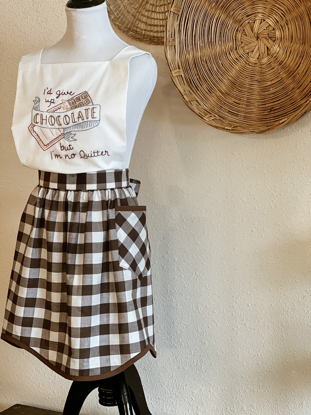 Chocolate Apron • Embroidered Apton • Dessert Apron • Brown Gingham ...