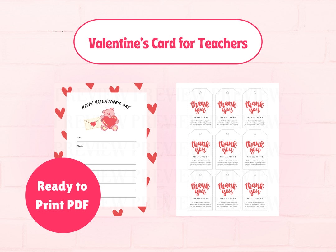 Valentine's Day Thank You Card for Teachers + Gift Tags (printable PDF ...