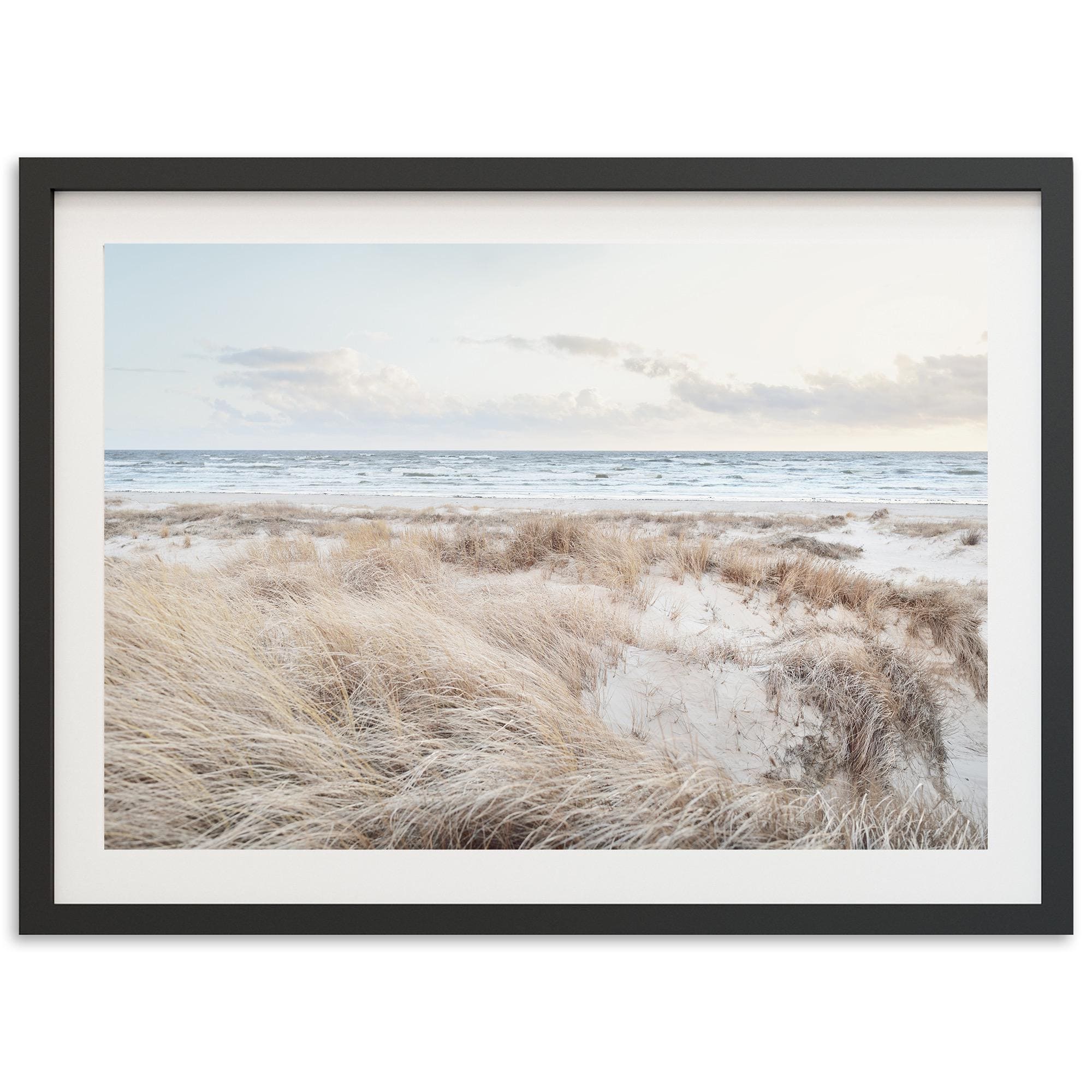 Framed Coastal Wall Art | Beach Grass Photography Print, Muted Ocean ...