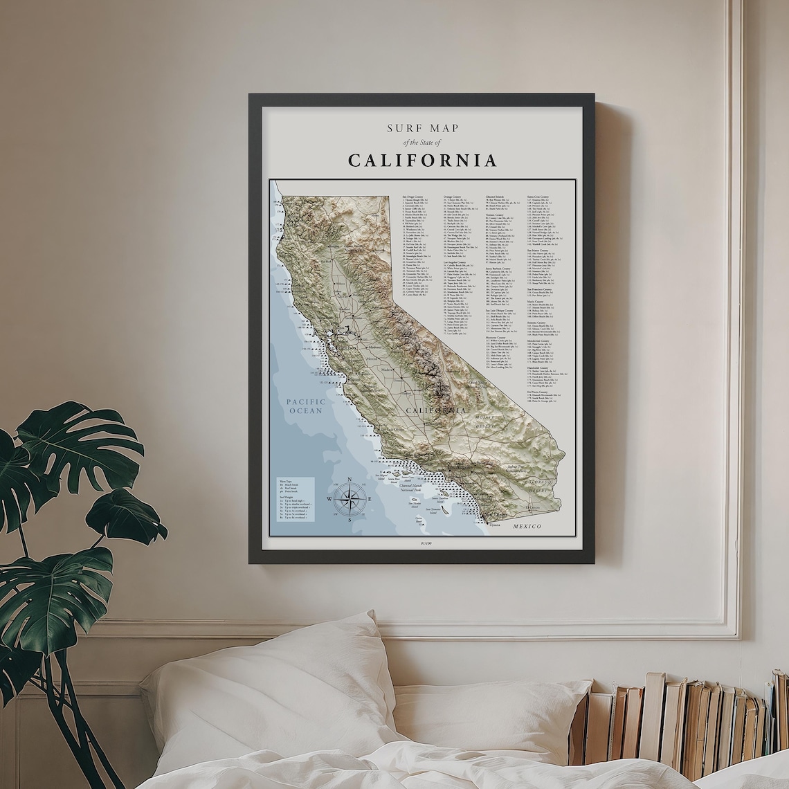 California Surf Map Print | Framed Topographic Relief, Coastal Wall Art ...