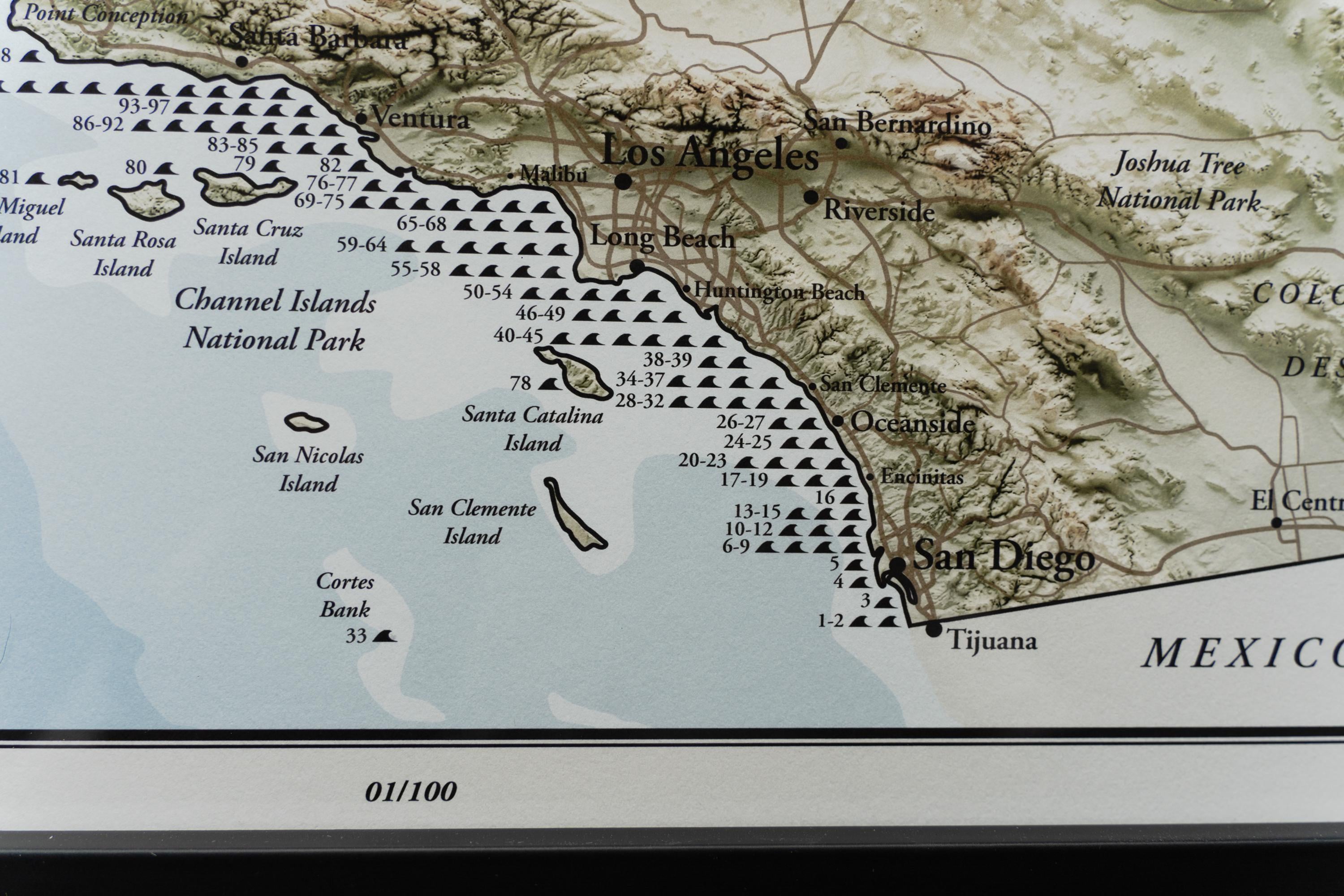 California Surf Map Print | Framed Topographic Relief, Coastal Wall Art ...