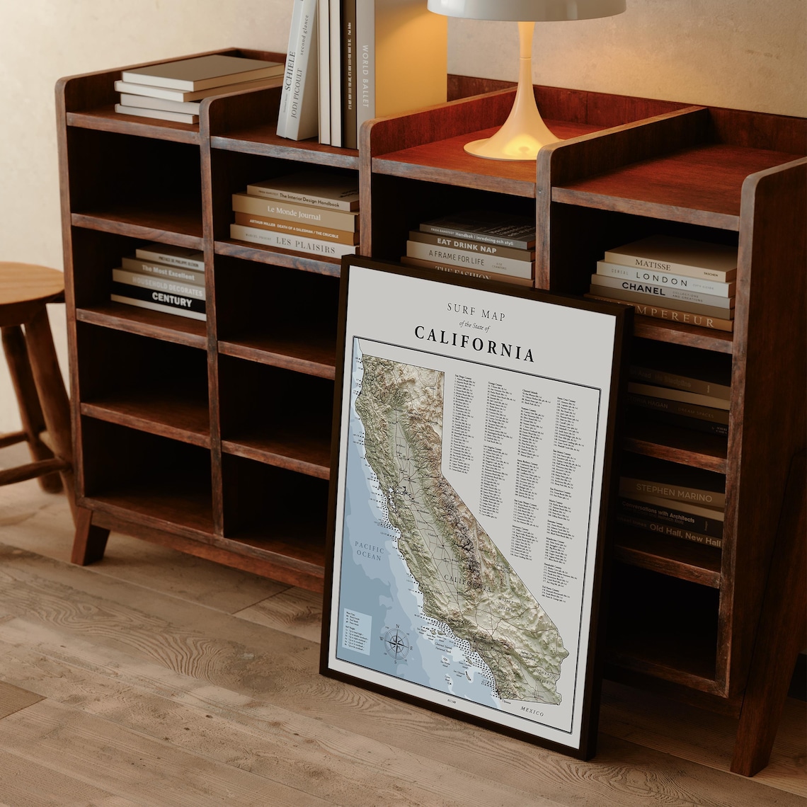 California Surf Map Print | Framed Topographic Relief, Coastal Wall Art ...