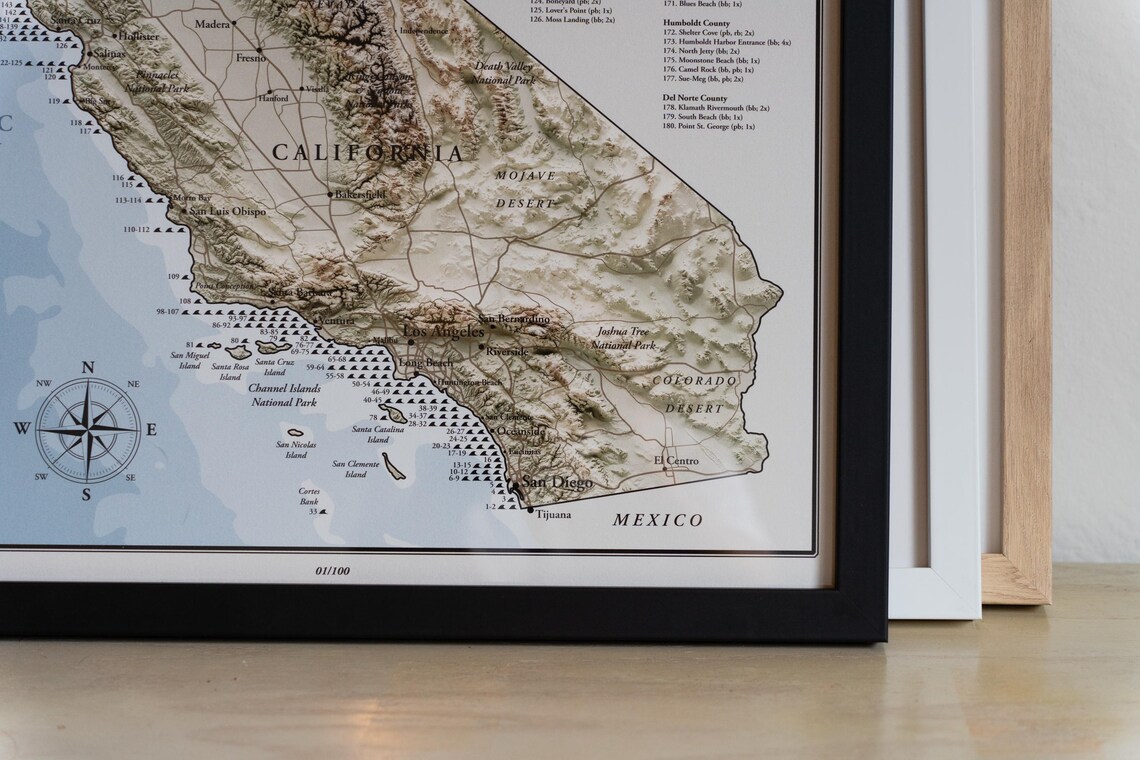 California Surf Map Print | Framed Topographic Relief, Coastal Wall Art ...