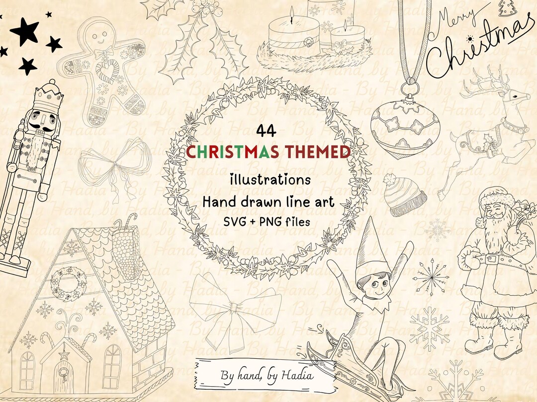 Christmas Hand Drawn Clip Art Bundle, PNG SVG, Winter Holiday ...