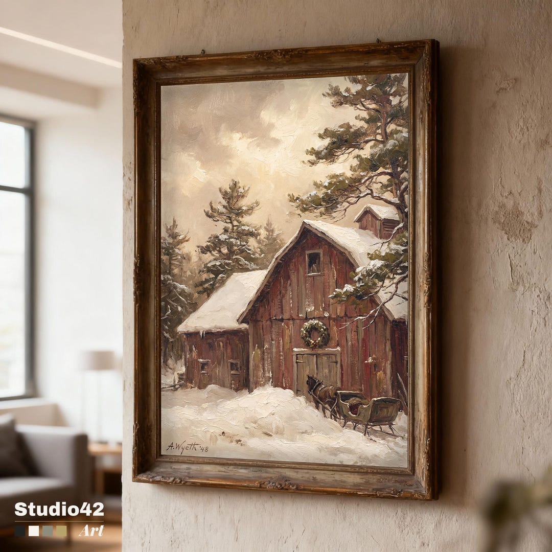 Red Barn in Snow Digital Print | Rustic Winter Farm Art | Christmas ...