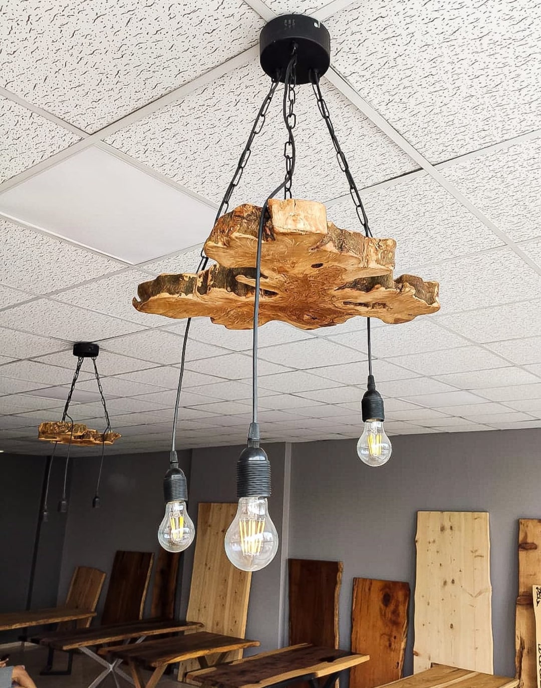 Handcrafted Olive Wood Pendant Light Rustic Wooden Chandelier, Natural ...
