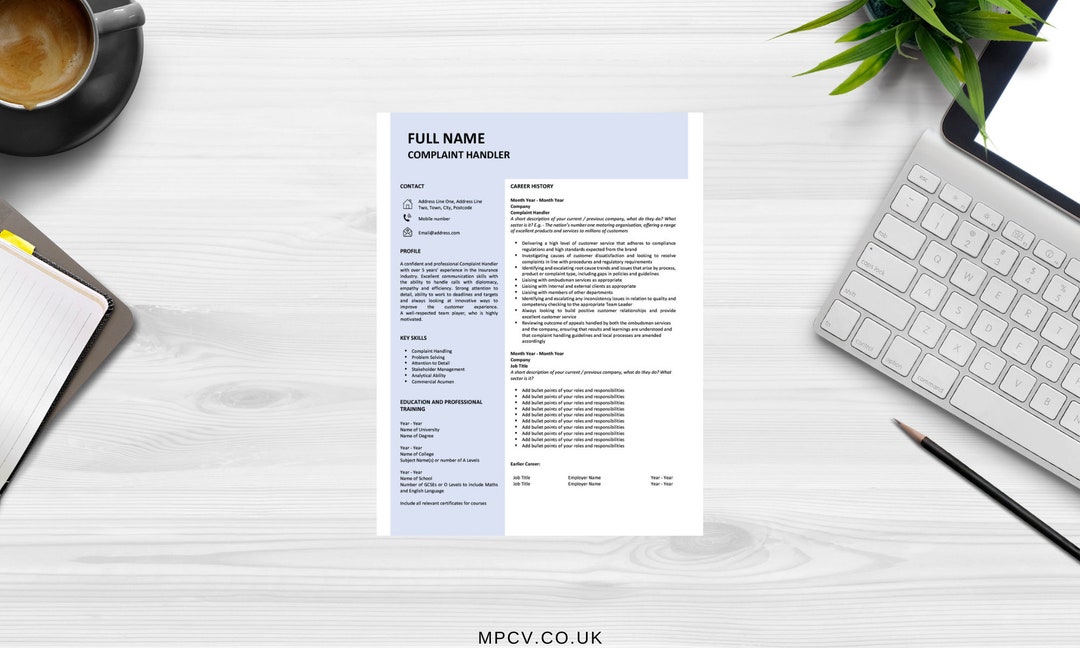 Complaint Handler CV Template / CV Template / Resume / Word / - Etsy Complaint Handler CV Template / CV Template / Resume / Word / - Etsy