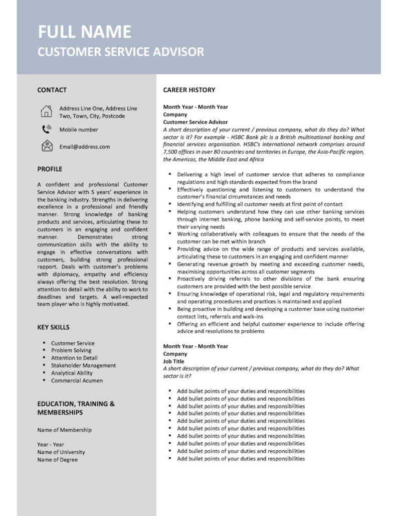 Customer Service Advisor CV Template / CV Template / Resume / - Etsy