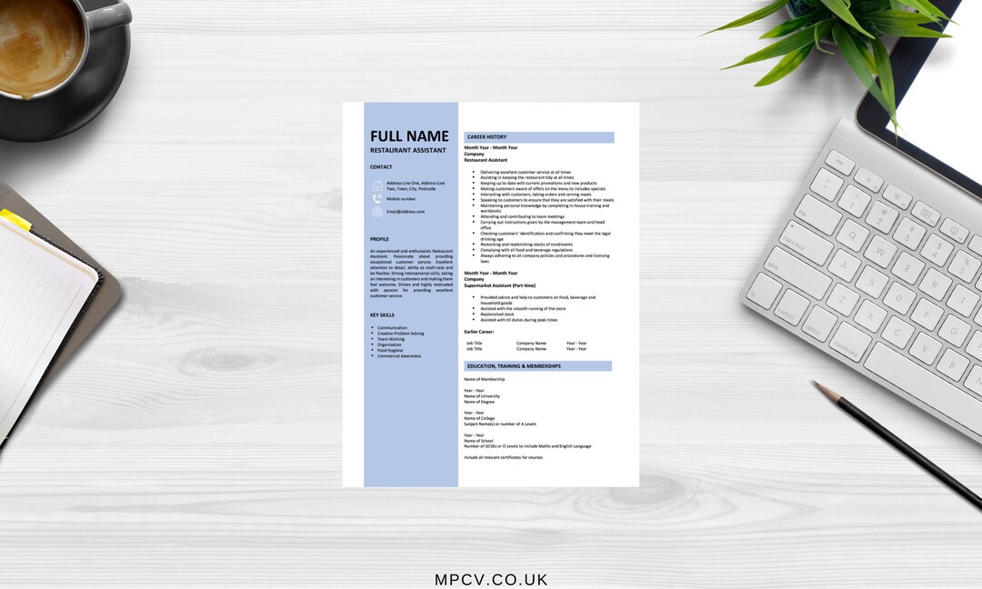 Restaurant Assistant CV Template / CV Template / (Download Now) - Etsy