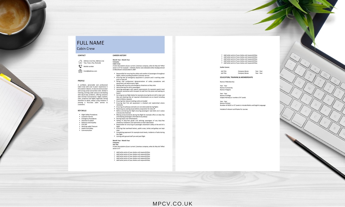 Cabin Crew CV Template / CV Template / Resume / Word / Professional ...