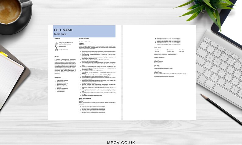 Cabin Crew CV Template / CV Template / Resume / Word / - Etsy