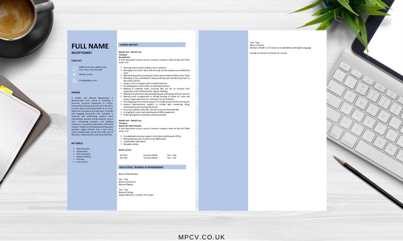 Receptionist Cv Template Cv Template Resume Word - Etsy