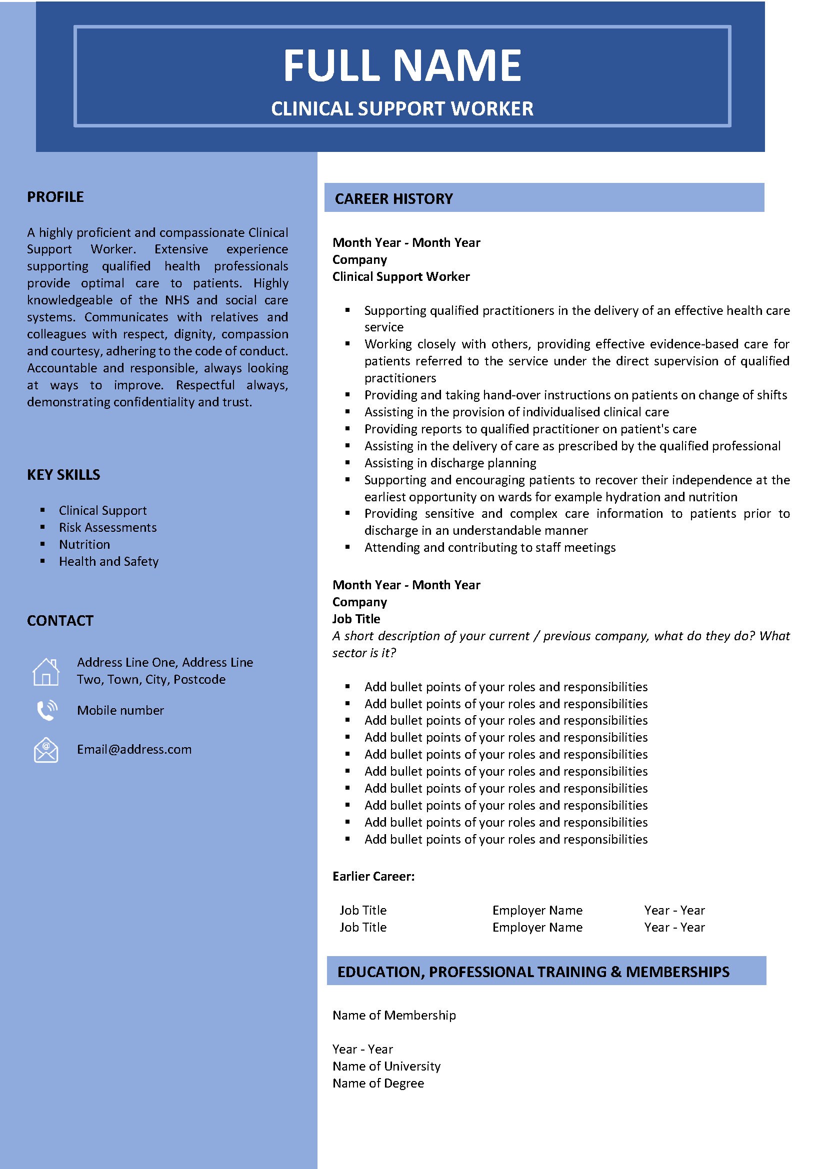 Clinical Support CV Template / CV Template / Resume / Word ...