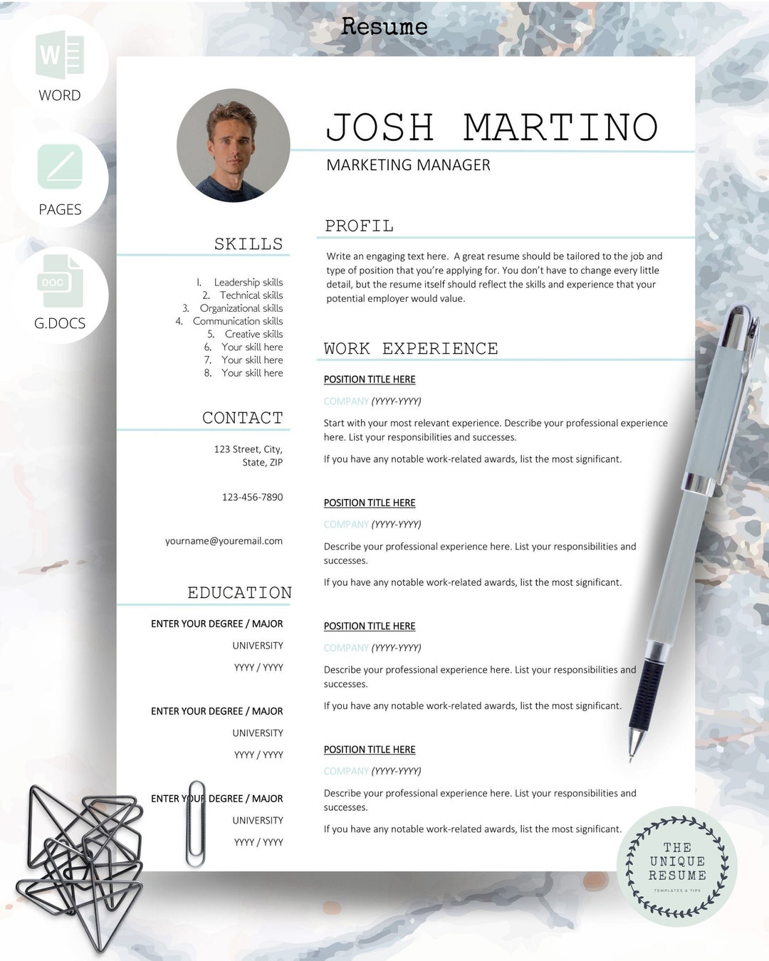 One Page Simple Resume Template, Professional Resume Template for Word ...