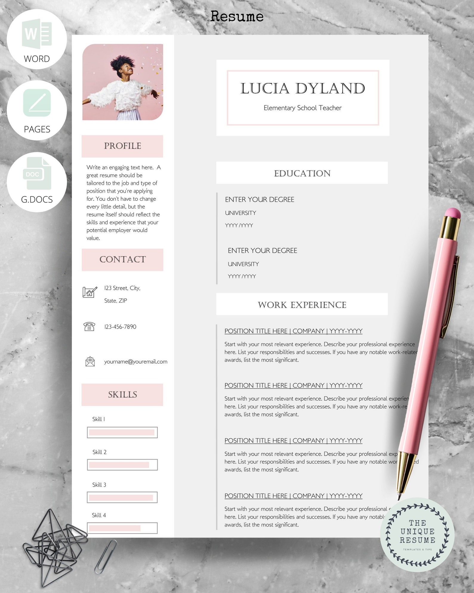 Pink & Grey Simple Resume Template for Word, Pages, Google Docs - Etsy