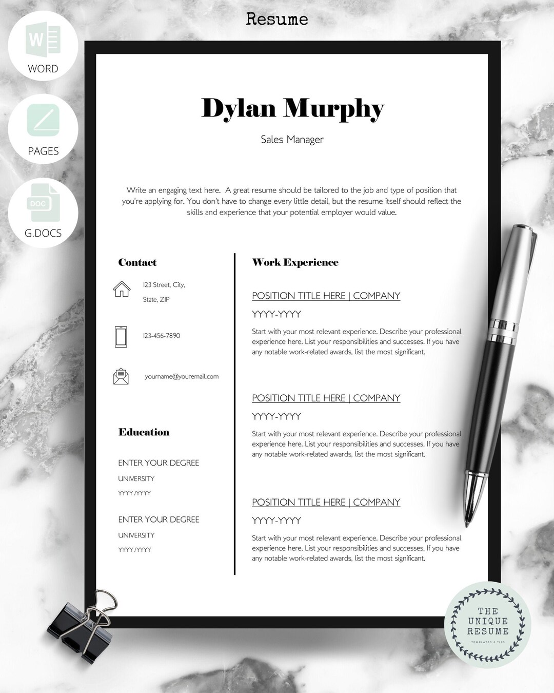 Clean Black Resume Template Classic Resume Template Professional CV ...
