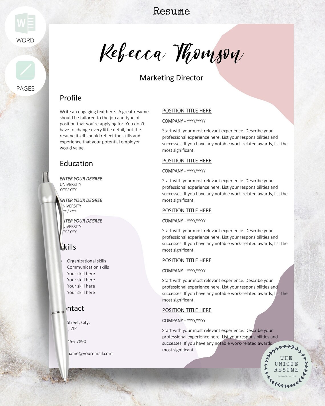 Creative & Geometric Resume Template for Word, MAC Pages CV Template ...
