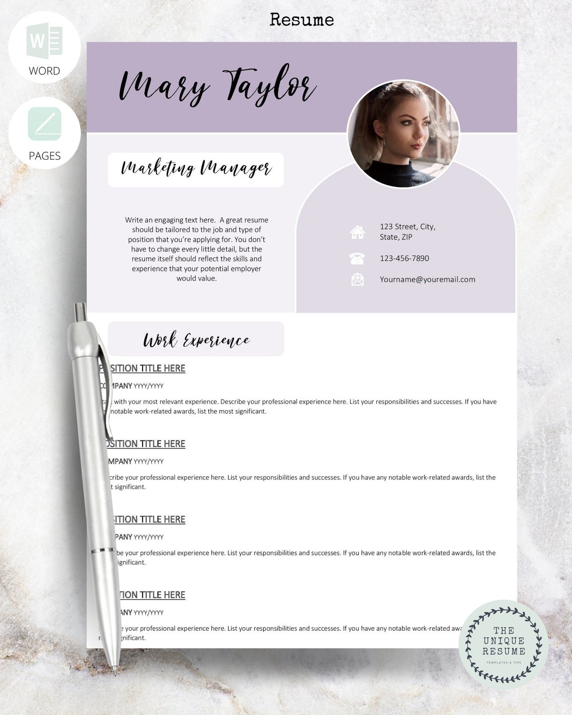 Violet Resume Template for Word, Pages Creative and Modern CV, Resume ...