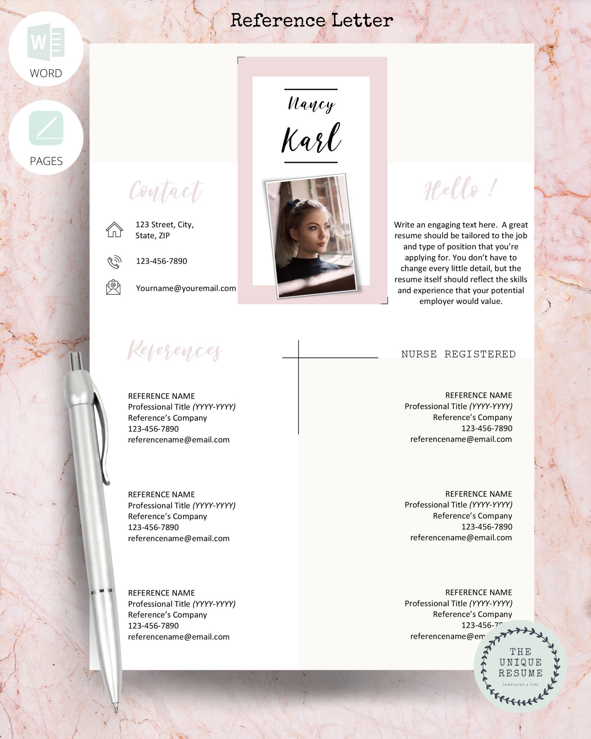 Pink CV, Resume Template for Word and Mac Pages, Modern and Creative ...