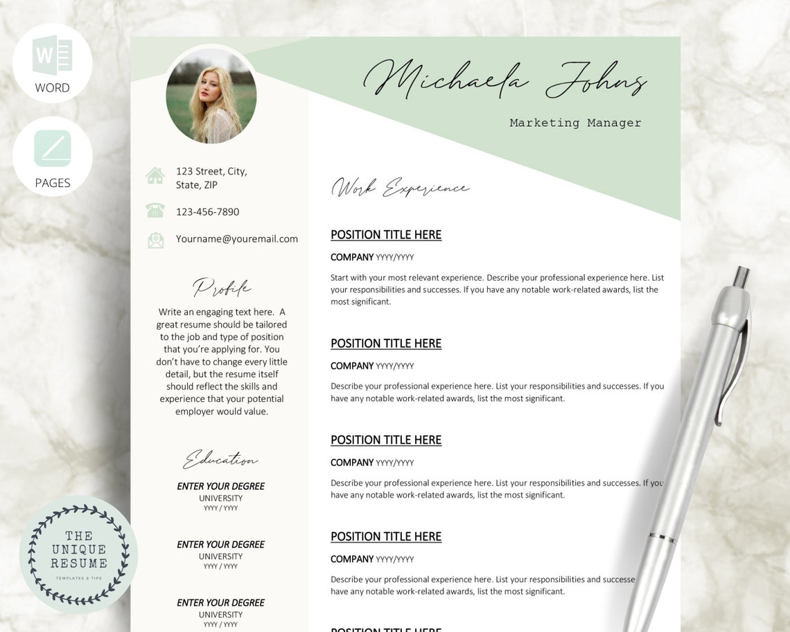 Green CV Resume Template for Pages and Word - Etsy