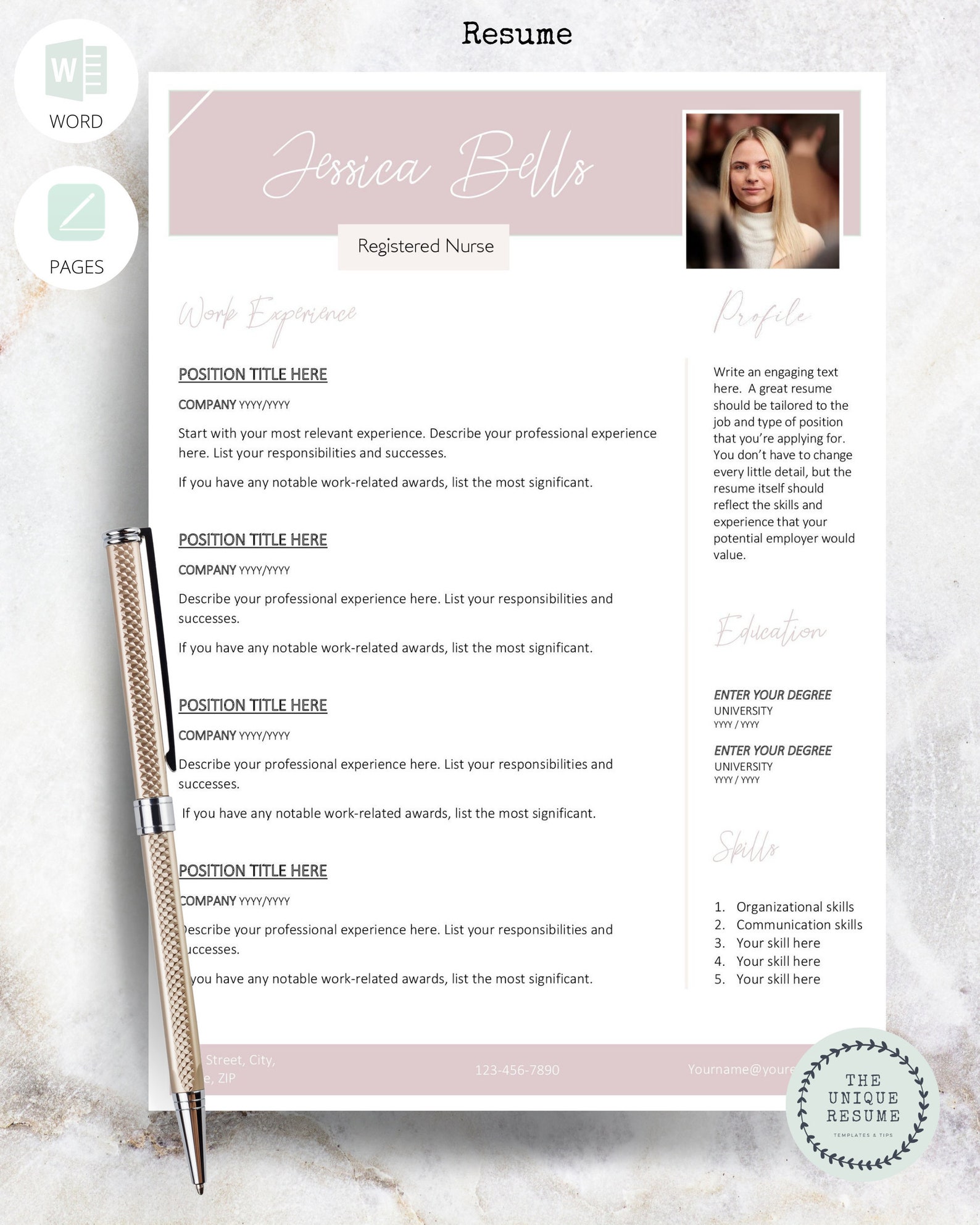 Pink Modern Resume Template for Word & Pages Pink Creative CV Template ...