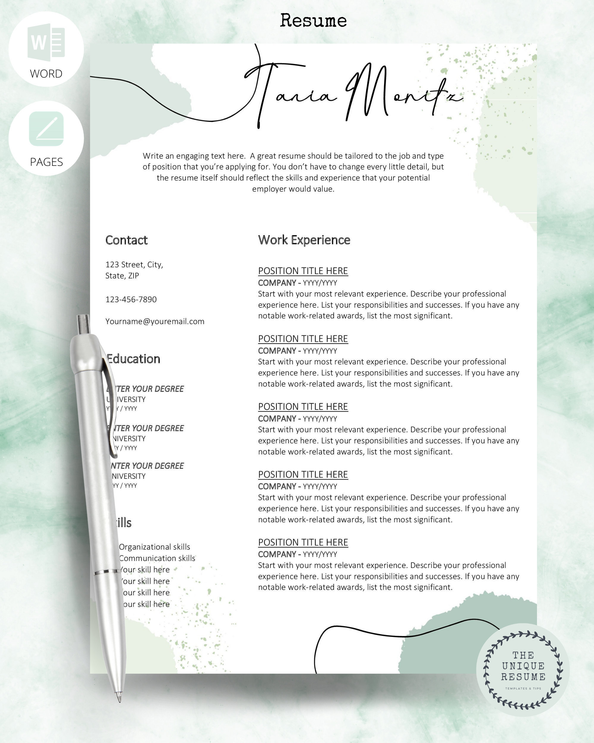 Green CV Resume Template for MS Word and MAC Pages Cv Template Without ...