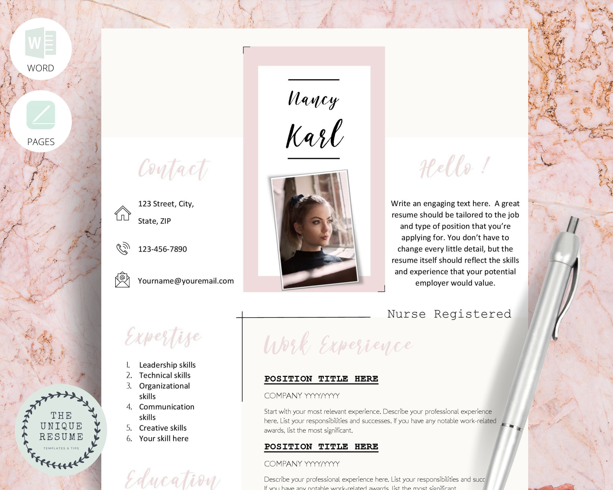 Pink CV, Resume Template for Word and Mac Pages, Modern and Creative ...
