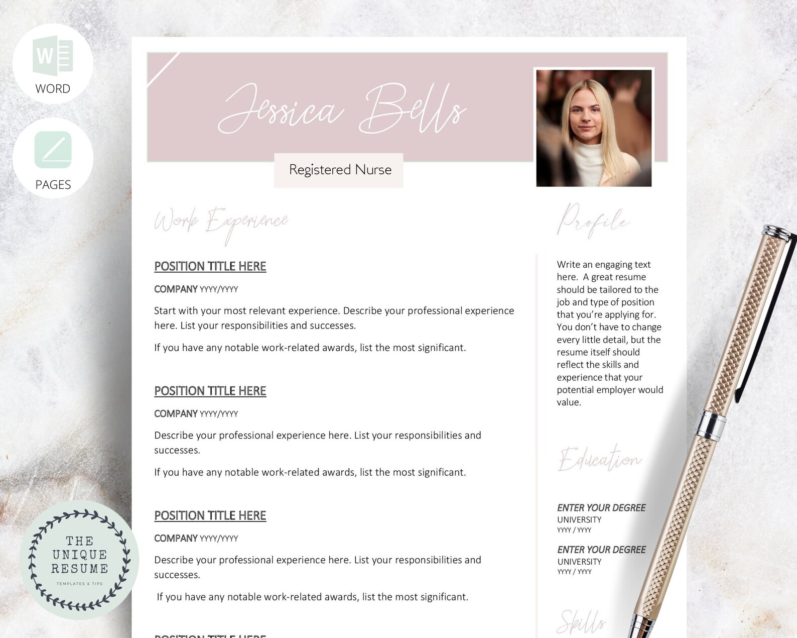 Pink Modern Resume Template for Word & Pages Pink Creative - Etsy