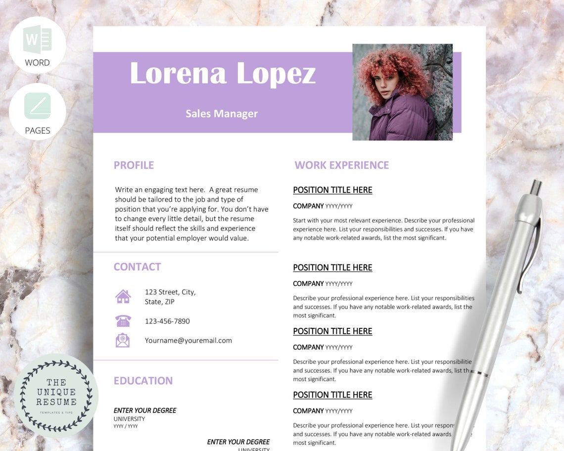 Purple Resume Template for Word Pages Creative and Modern | Etsy