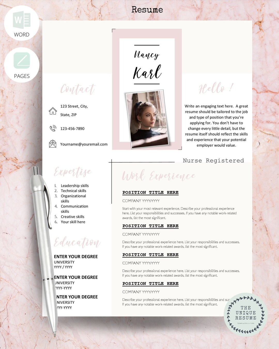 Pink CV, Resume Template for Word and Mac Pages, Modern and Creative ...