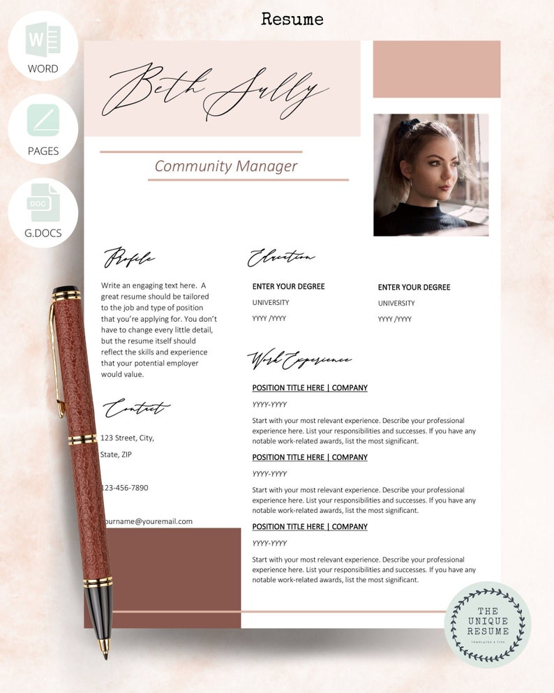 Boho Pink Resume Template CV Template for Google Docs, Word and Mac ...