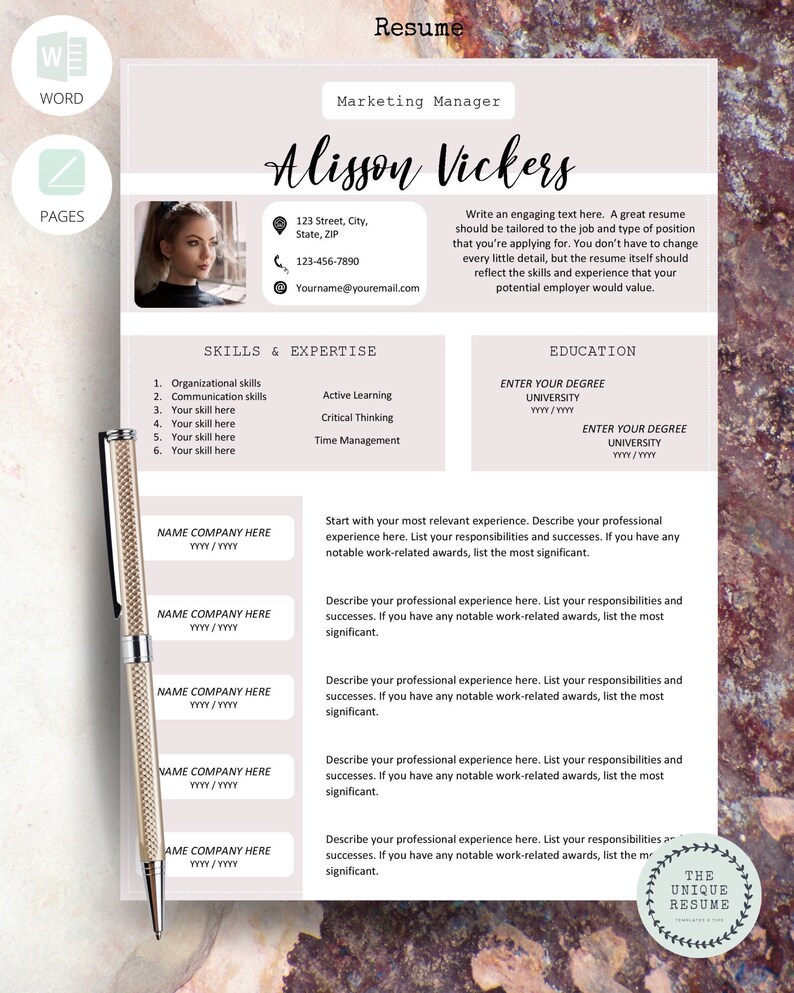 Pink Resume Template for Word Pages Creative CV Resume - Etsy