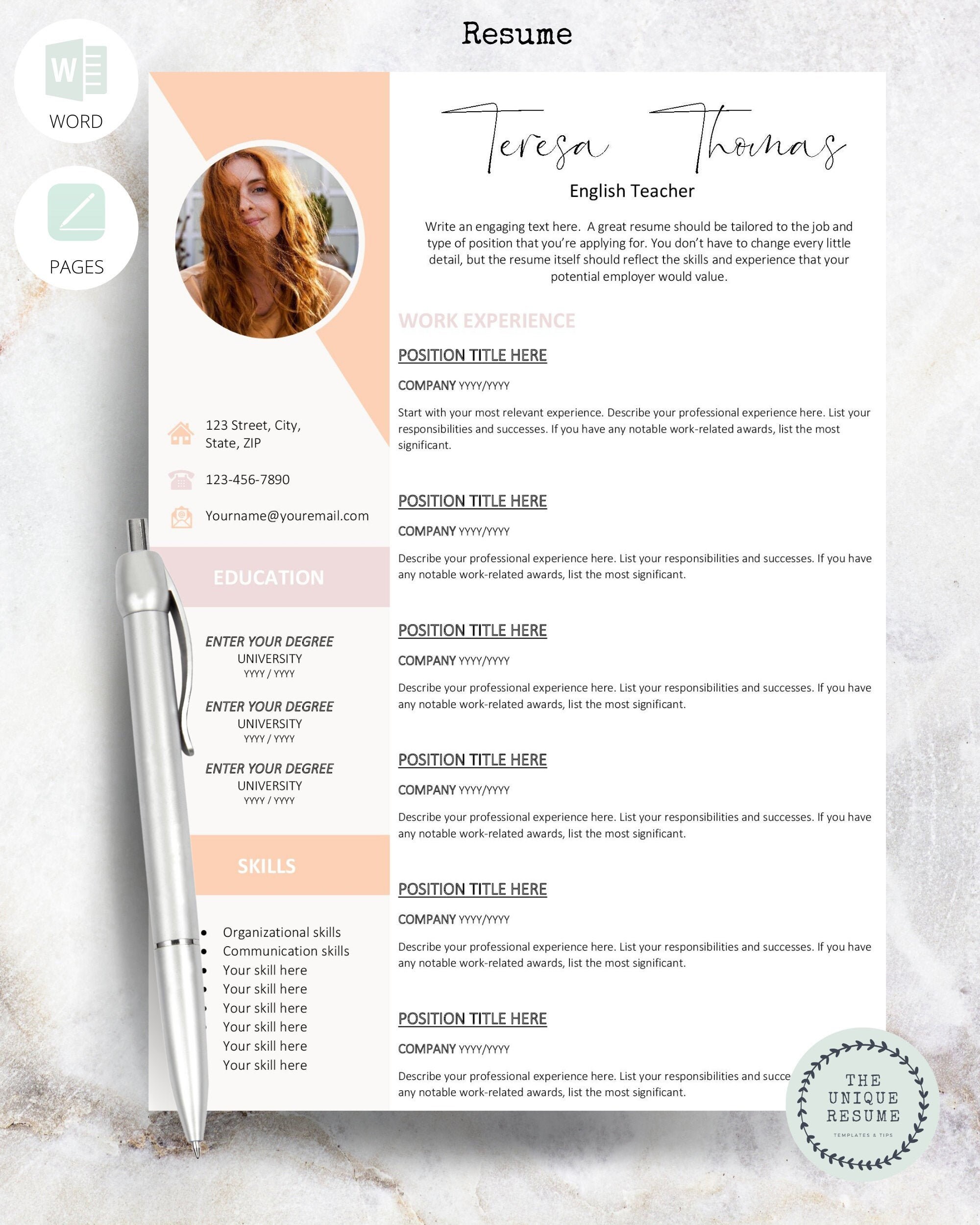 Orange & Pink Modern Resume Template Word, Pages Compatible - Etsy