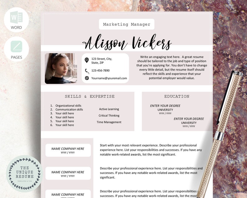Pink Resume Template for Word Pages Creative CV Resume - Etsy