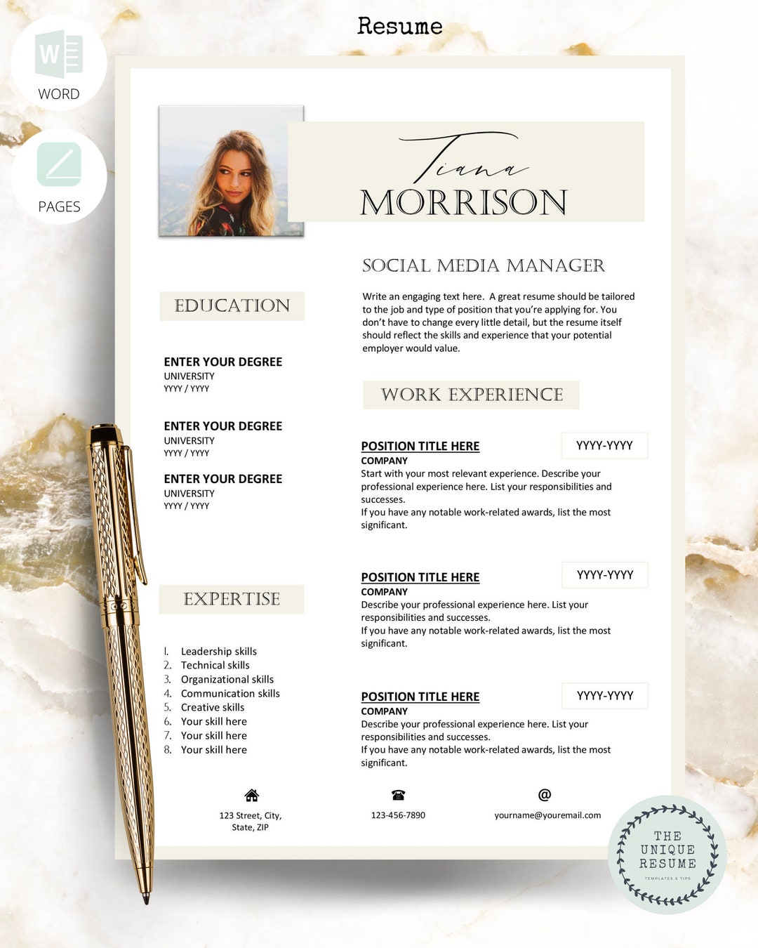 Yellow Resume Template for Word and Pages, Creative and Modern CV ...