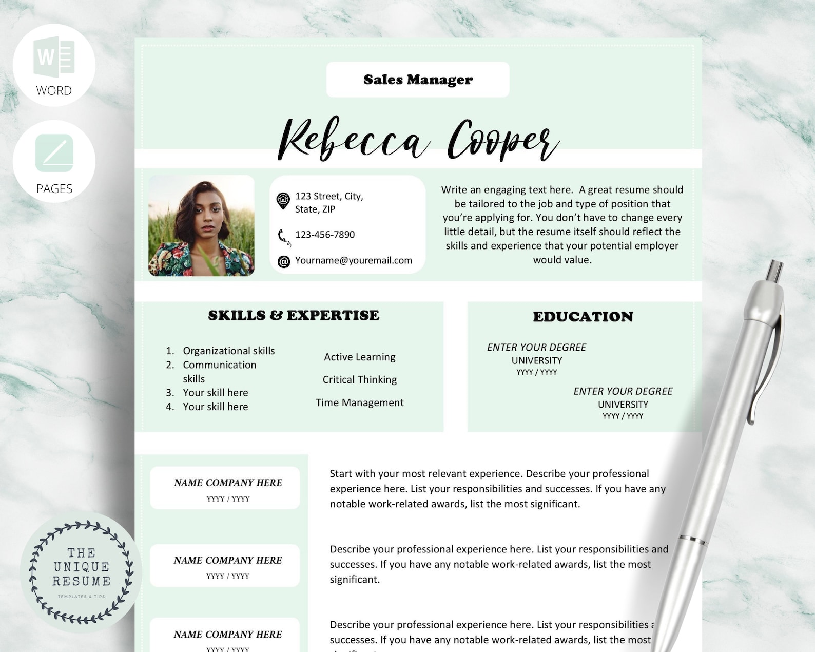 Green Resume Template for Word, Pages Creative CV, Resume Template ...