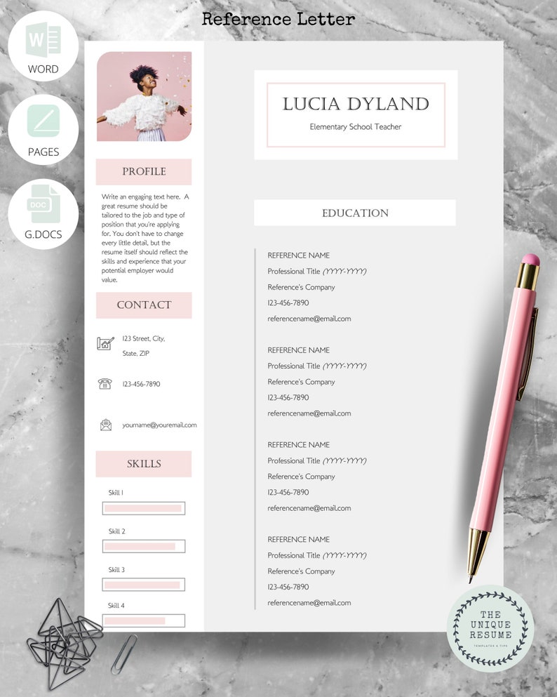 Pink & Grey Simple Resume Template for Word, Pages, Google Docs - Etsy