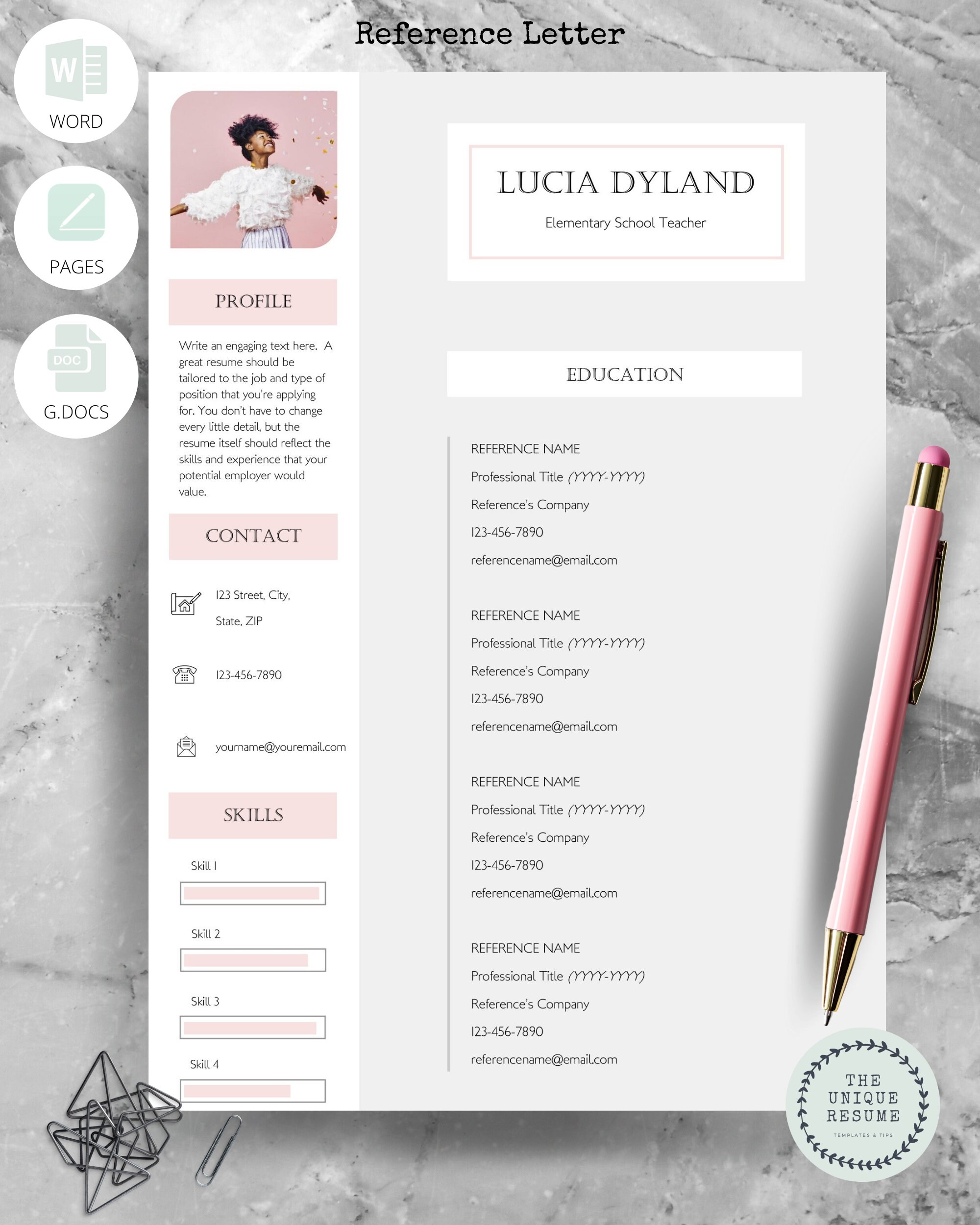 Pink & Grey Simple Resume Template for Word, Pages, Google Docs - Etsy