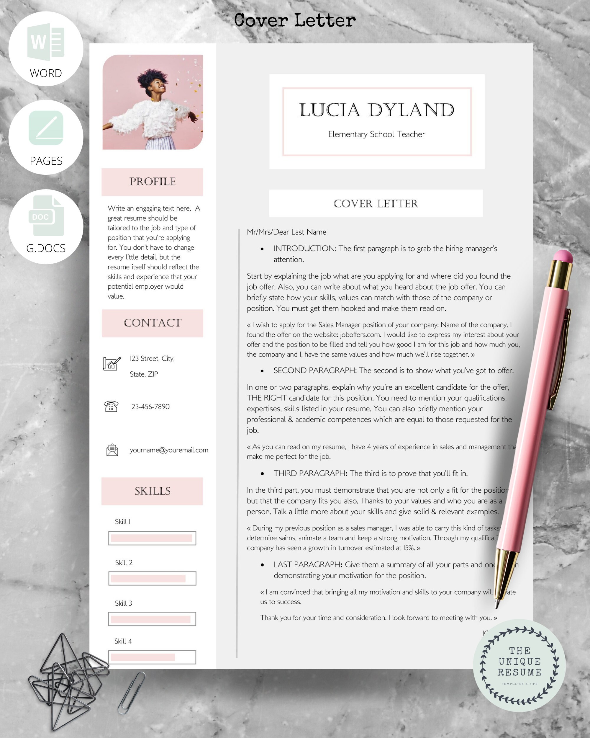 Pink & Grey Simple Resume Template for Word, Pages, Google Docs - Etsy