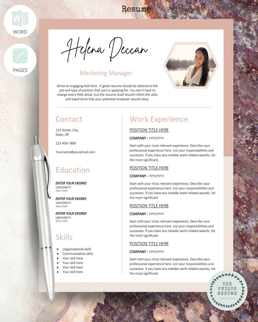 Pink CV Resume Template for MS Word and MAC Pages Cv Template With ...