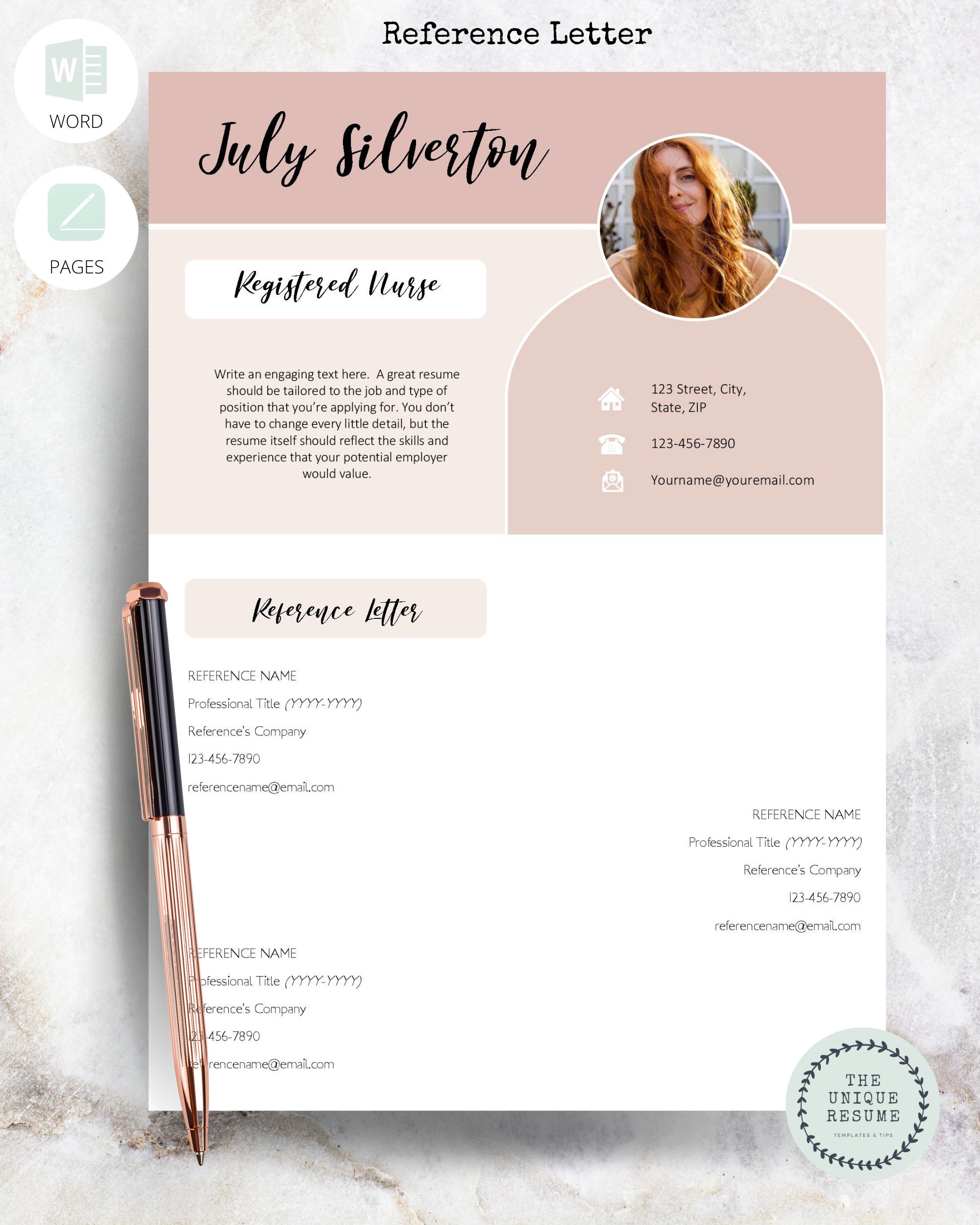 Pink Resume Template for Word, Pages Creative and Modern CV, Resume ...